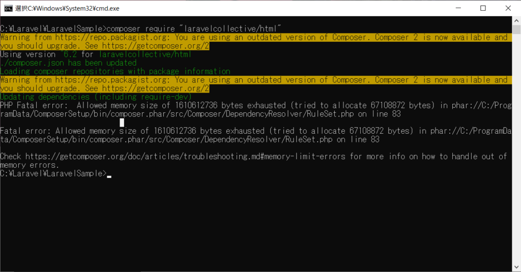 【Laravel】リポジトリを取得したとき「Warning from https://repo.packagist.org: You are using an outdated version ...