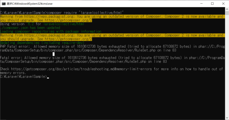 【Laravel】リポジトリを取得したとき「Warning from https://repo.packagist.org: You are using an outdated version ...