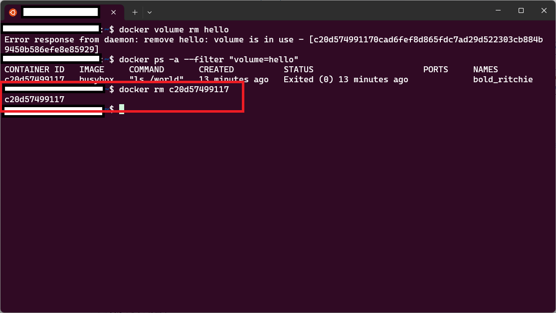 【Docker】docker volume rmコマンドをたたいた時エラーメッセージ「Error response from daemon: remove : volume is in use ...